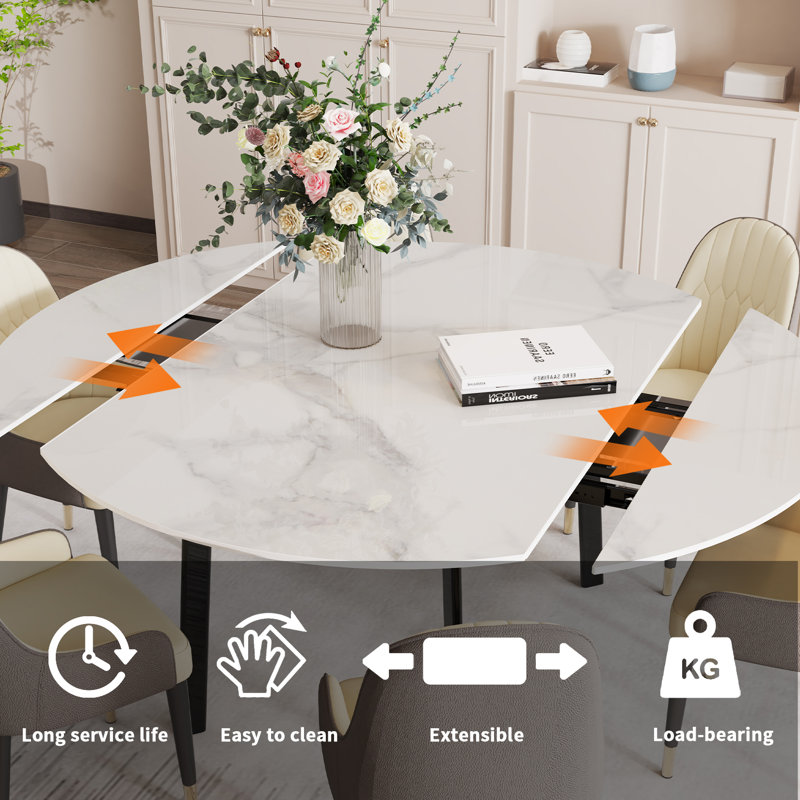 Ivy Bronx Marble Dining Table With Metal Legs Extendable Home Kitchen Table 6-8 Seater For ...